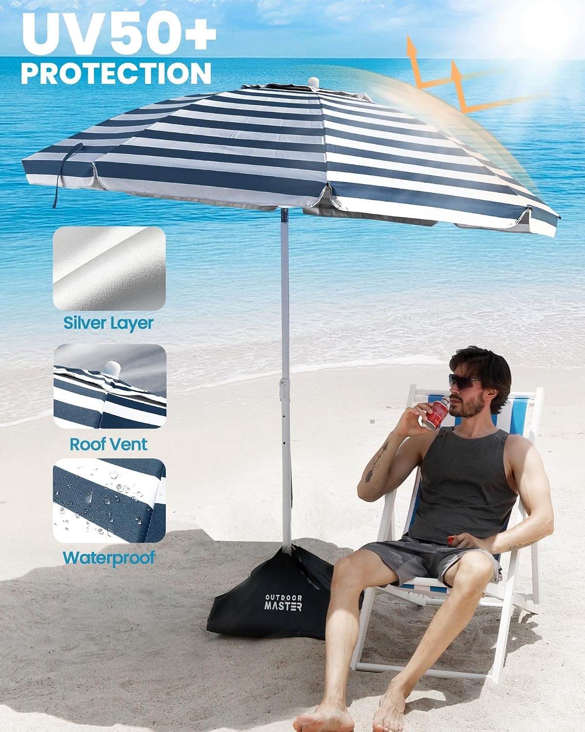 OutdoorMaster Beach Umbrellas for Sand with Sandbag & Anchor, 7.2ft ...